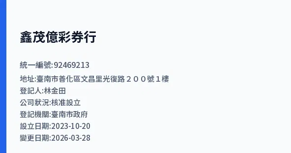鑫茂億彩券行的照片-統編 92469213(臺南市) 公司登記資料與營業項目詳細圖表