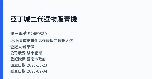 亞丁城二代選物販賣機的照片-統編 92469380(臺南市) 公司登記資料與營業項目詳細圖表