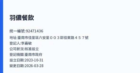 羽儂餐飲的照片-統編 92471436(臺南市) 公司登記資料與營業項目詳細圖表