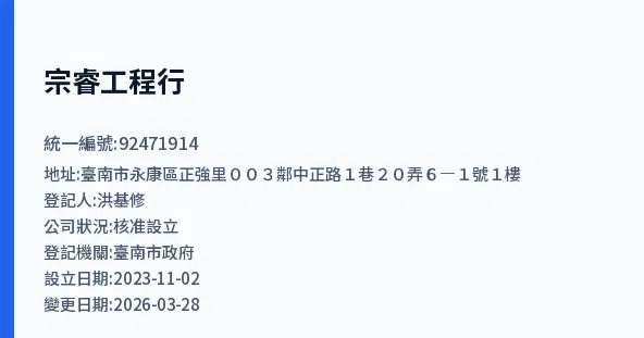 宗睿工程行的照片-統編 92471914(臺南市) 公司登記資料與營業項目詳細圖表