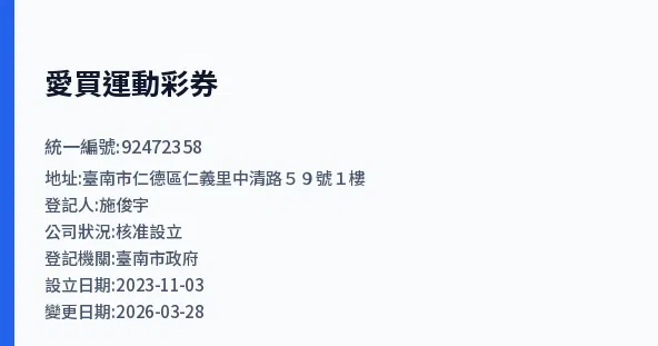 愛買運動彩券的照片-統編 92472358(臺南市) 公司登記資料與營業項目詳細圖表