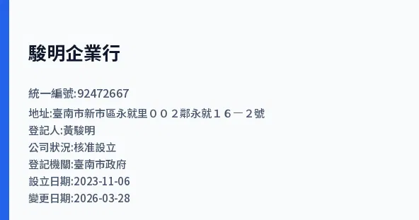 駿明企業行的照片-統編 92472667(臺南市) 公司登記資料與營業項目詳細圖表