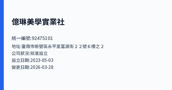 億琳美學實業社的照片-統編 92475101(臺南市) 公司登記資料與營業項目詳細圖表