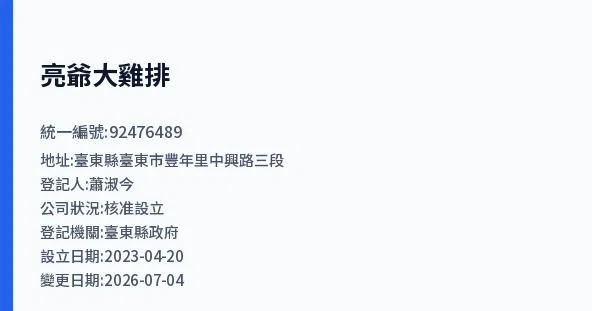 亮爺大雞排的照片-統編 92476489(臺東縣) 公司登記資料與營業項目詳細圖表