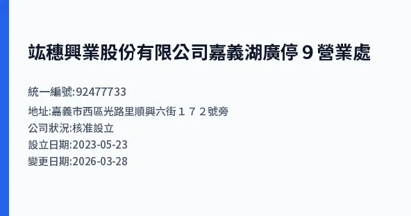 竑穗興業股份有限公司嘉義湖廣停9營業處的照片-統編 92477733(嘉義市) 公司登記資料與營業項目詳細圖表