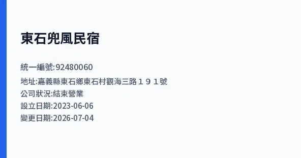 東石兜風民宿的照片-統編 92480060(嘉義縣) 公司登記資料與營業項目詳細圖表