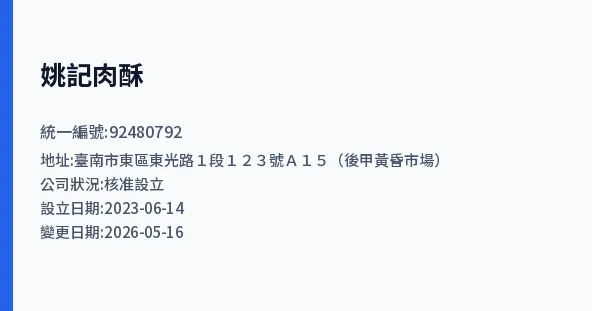 姚記肉酥的照片-統編 92480792(臺南市) 公司登記資料與營業項目詳細圖表