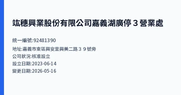 竑穗興業股份有限公司嘉義湖廣停3營業處的照片-統編 92481390(嘉義市) 公司登記資料與營業項目詳細圖表