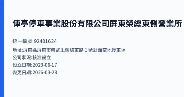俥亭停車事業股份有限公司屏東榮總東側營業所的照片-統編 92481624(屏東縣) 公司登記資料與營業項目詳細圖表