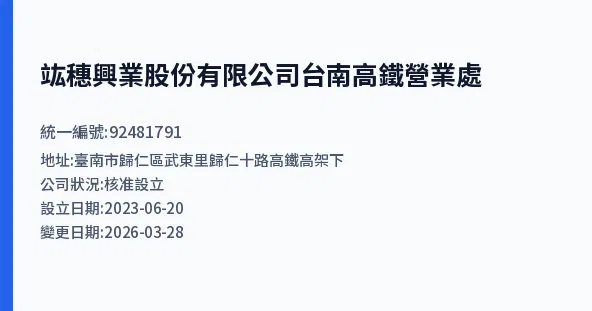 竑穗興業股份有限公司台南高鐵營業處的照片-統編 92481791(臺南市) 公司登記資料與營業項目詳細圖表