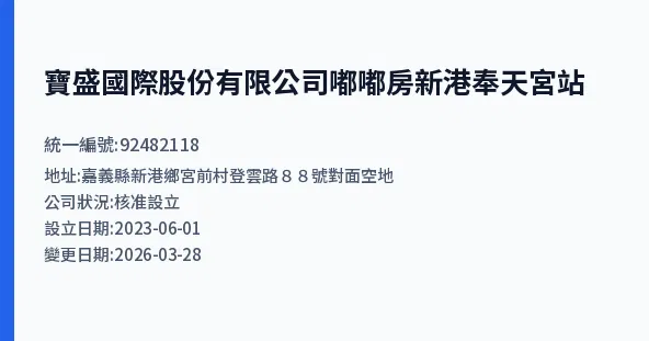 寶盛國際股份有限公司嘟嘟房新港奉天宮站的照片-統編 92482118(嘉義縣) 公司登記資料與營業項目詳細圖表
