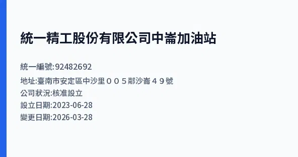 統一精工股份有限公司中崙加油站的照片-統編 92482692(臺南市) 公司登記資料與營業項目詳細圖表