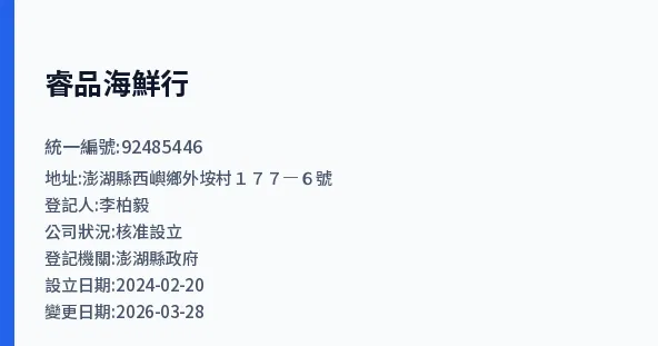 睿品海鮮行的照片-統編 92485446(澎湖縣) 公司登記資料與營業項目詳細圖表