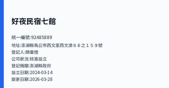 好夜民宿七館的照片-統編 92485889(澎湖縣) 公司登記資料與營業項目詳細圖表