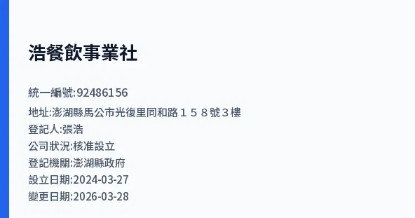 浩餐飲事業社的照片-統編 92486156(澎湖縣) 公司登記資料與營業項目詳細圖表