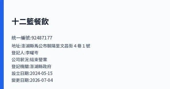 十二籃餐飲的照片-統編 92487177(澎湖縣) 公司登記資料與營業項目詳細圖表