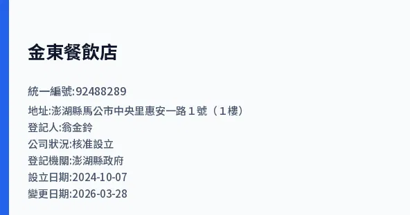 金東餐飲店的照片-統編 92488289(澎湖縣) 公司登記資料與營業項目詳細圖表