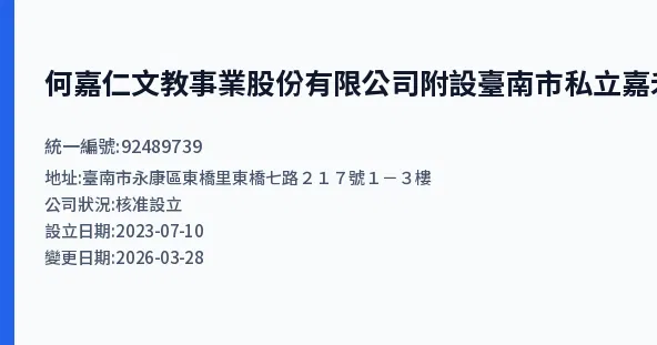 何嘉仁文教事業股份有限公司附設臺南市私立嘉禾文理短期補習班的照片-統編 92489739(臺南市) 公司登記資料與營業項目詳細圖表