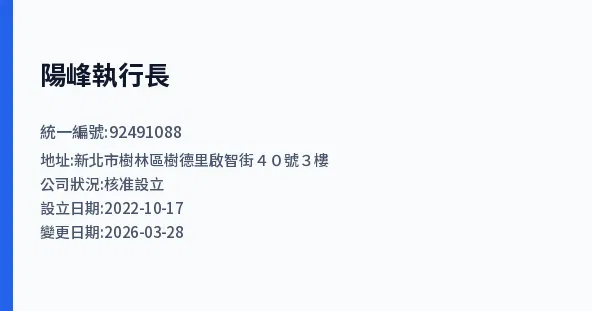 陽峰執行長的照片-統編 92491088(新北市) 公司登記資料與營業項目詳細圖表