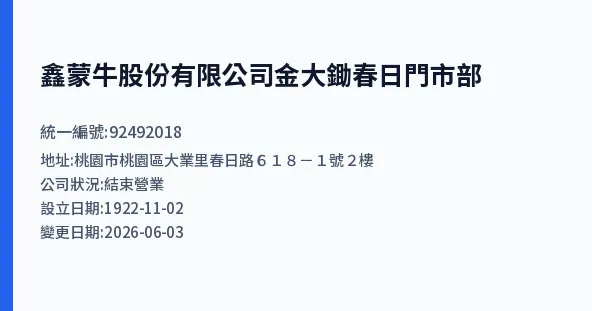 鑫蒙牛股份有限公司金大鋤春日門市部的照片-統編 92492018(桃園市) 公司登記資料與營業項目詳細圖表