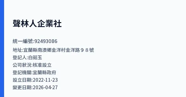 聲林人企業社的照片-統編 92493086(宜蘭縣) 公司登記資料與營業項目詳細圖表