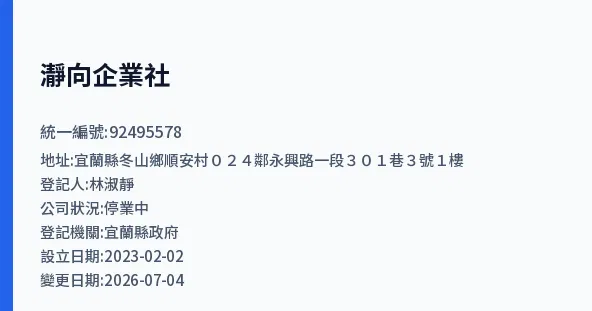 瀞向企業社的照片-統編 92495578(宜蘭縣) 公司登記資料與營業項目詳細圖表