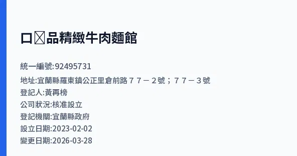 口吅品精緻牛肉麵館的照片-統編 92495731(宜蘭縣) 公司登記資料與營業項目詳細圖表