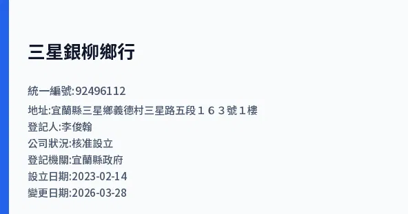三星銀柳鄉行的照片-統編 92496112(宜蘭縣) 公司登記資料與營業項目詳細圖表