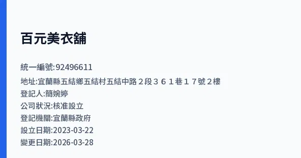 百元美衣舖的照片-統編 92496611(宜蘭縣) 公司登記資料與營業項目詳細圖表