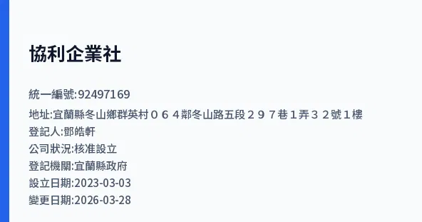 協利企業社的照片-統編 92497169(宜蘭縣) 公司登記資料與營業項目詳細圖表