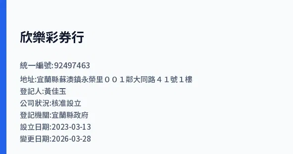 欣樂彩券行的照片-統編 92497463(宜蘭縣) 公司登記資料與營業項目詳細圖表