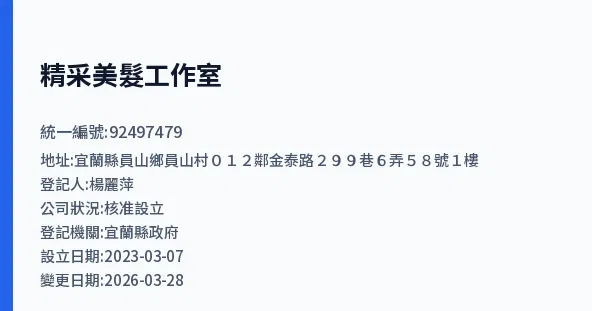 精采美髮工作室的照片-統編 92497479(宜蘭縣) 公司登記資料與營業項目詳細圖表