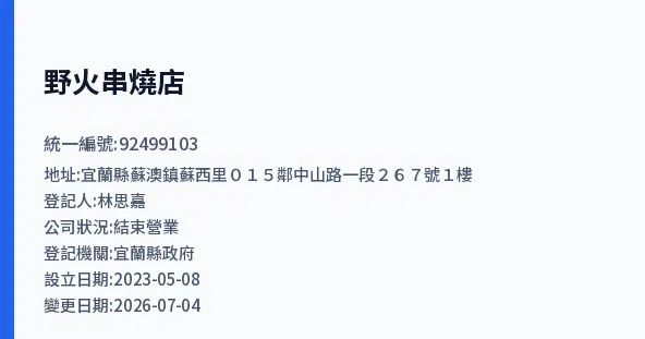 野火串燒店的照片-統編 92499103(宜蘭縣) 公司登記資料與營業項目詳細圖表