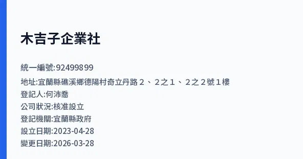木吉子企業社的照片-統編 92499899(宜蘭縣) 公司登記資料與營業項目詳細圖表