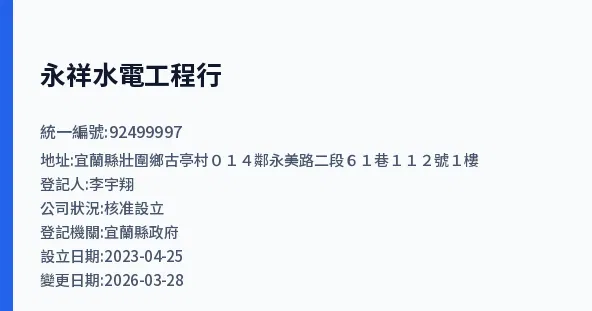 永祥水電工程行的照片-統編 92499997(宜蘭縣) 公司登記資料與營業項目詳細圖表
