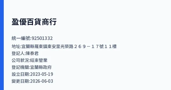 盈優百貨商行的照片-統編 92501332(宜蘭縣) 公司登記資料與營業項目詳細圖表