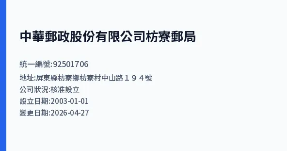 中華郵政股份有限公司枋寮郵局的照片-統編 92501706(屏東縣) 公司登記資料與營業項目詳細圖表