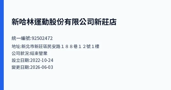 新哈林運動股份有限公司新莊店的照片-統編 92502472(新北市) 公司登記資料與營業項目詳細圖表