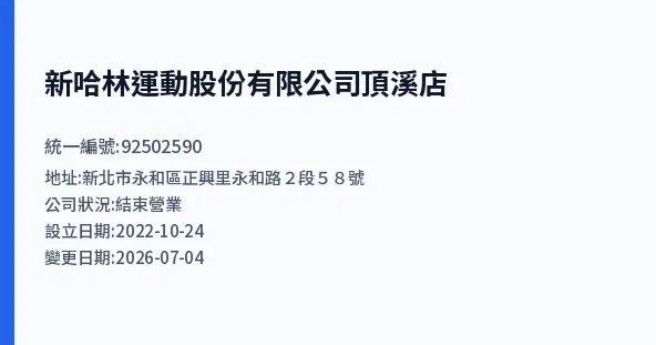 新哈林運動股份有限公司頂溪店的照片-統編 92502590(新北市) 公司登記資料與營業項目詳細圖表