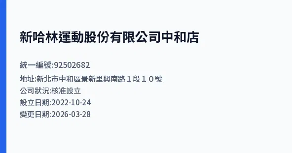 新哈林運動股份有限公司中和店的照片-統編 92502682(新北市) 公司登記資料與營業項目詳細圖表