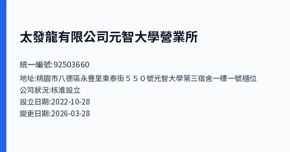 太發龍有限公司元智大學營業所的照片-統編 92503660(桃園市) 公司登記資料與營業項目詳細圖表