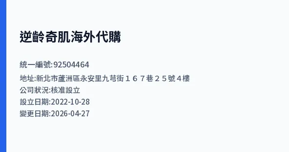 逆齡奇肌海外代購的照片-統編 92504464(新北市) 公司登記資料與營業項目詳細圖表