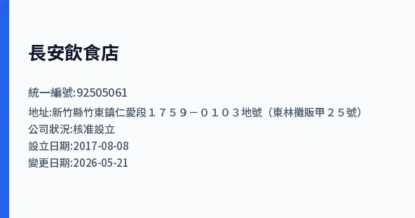 長安飲食店的照片-統編 92505061(新竹縣) 公司登記資料與營業項目詳細圖表