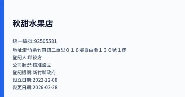 秋甜水果店的照片-統編 92505581(新竹縣) 公司登記資料與營業項目詳細圖表