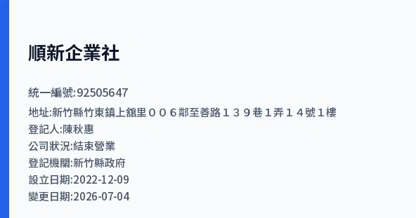 順新企業社的照片-統編 92505647(新竹縣) 公司登記資料與營業項目詳細圖表