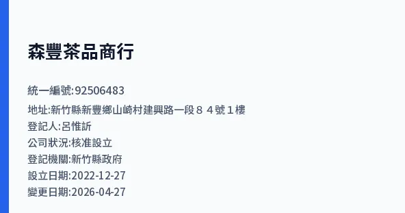 森豐茶品商行的照片-統編 92506483(新竹縣) 公司登記資料與營業項目詳細圖表