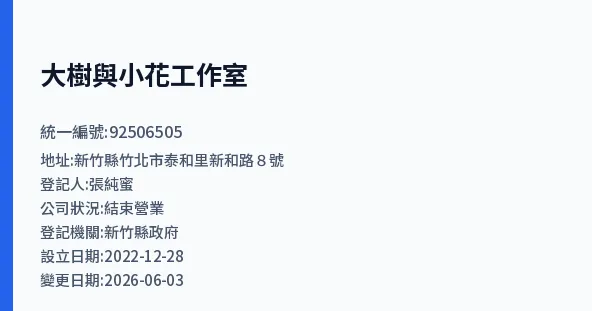 大樹與小花工作室的照片-統編 92506505(新竹縣) 公司登記資料與營業項目詳細圖表