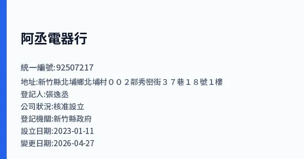 阿丞電器行的照片-統編 92507217(新竹縣) 公司登記資料與營業項目詳細圖表