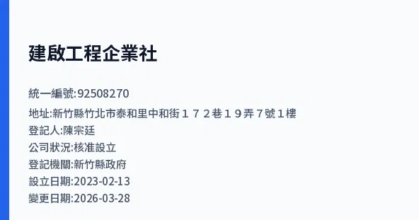 建啟工程企業社的照片-統編 92508270(新竹縣) 公司登記資料與營業項目詳細圖表