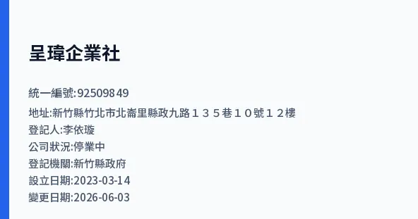 呈瑋企業社的照片-統編 92509849(新竹縣) 公司登記資料與營業項目詳細圖表